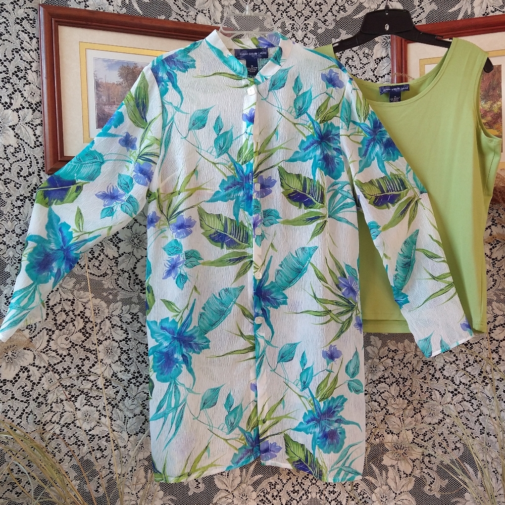 Susan Graver Coordinating Blue Green Hawaiian Print T… - Gem